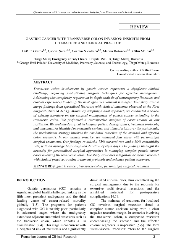 (PDF) GASTRIC CANCER WITH TRANSVERSE COLON INVASION: INSIGHTS FROM LITERATURE AND CLINICAL PRACTICE