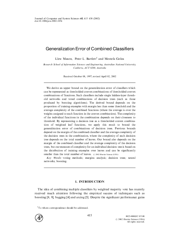 (PDF) Generalization Error of Combined Classifiers