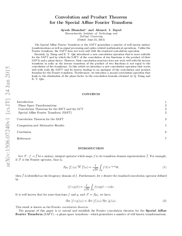 (PDF) Convolution and Product Theorem for the Special Affine Fourier Transform