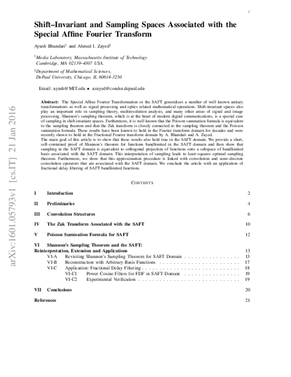 Pdf Shift Invariant And Sampling Spaces Associated With The Special Affine Fourier Transform