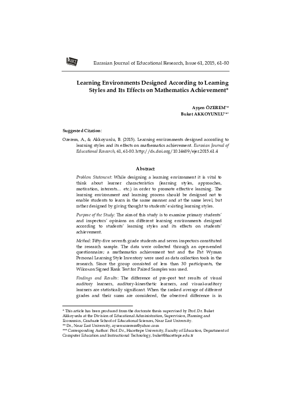 (PDF) Learning Environments Designed According to Learning Styles and ...