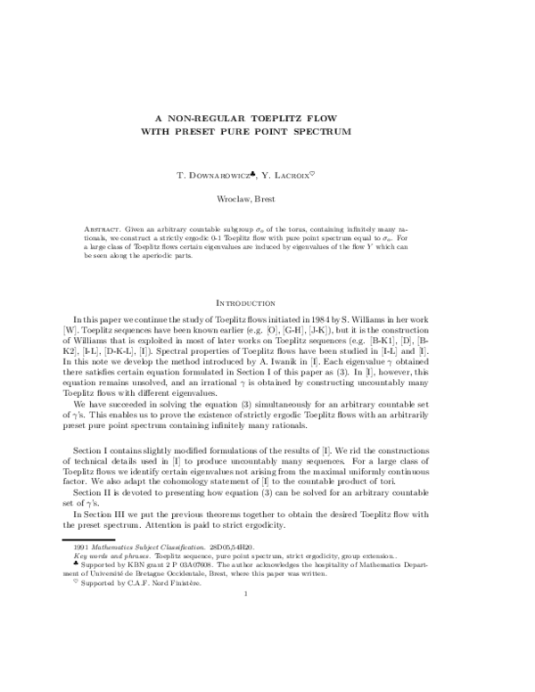 (PDF) A non-regular Toeplitz flow with preset pure point spectrum