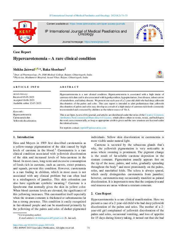 (PDF) Hypercarotenemia – A rare clinical condition