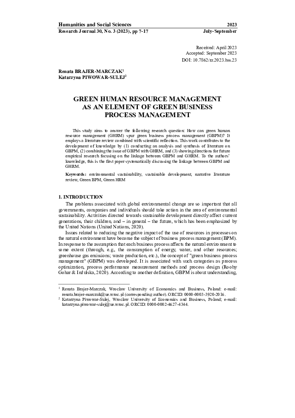 (PDF) Green Human Resource Management as an Element of Green Business Process Management