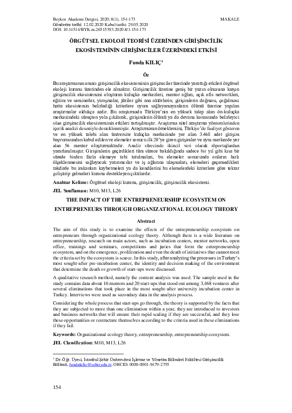 (PDF) Örgütsel Ekoloji̇ Teori̇si̇ Üzeri̇nden Gi̇ri̇şi̇mci̇li̇k ...