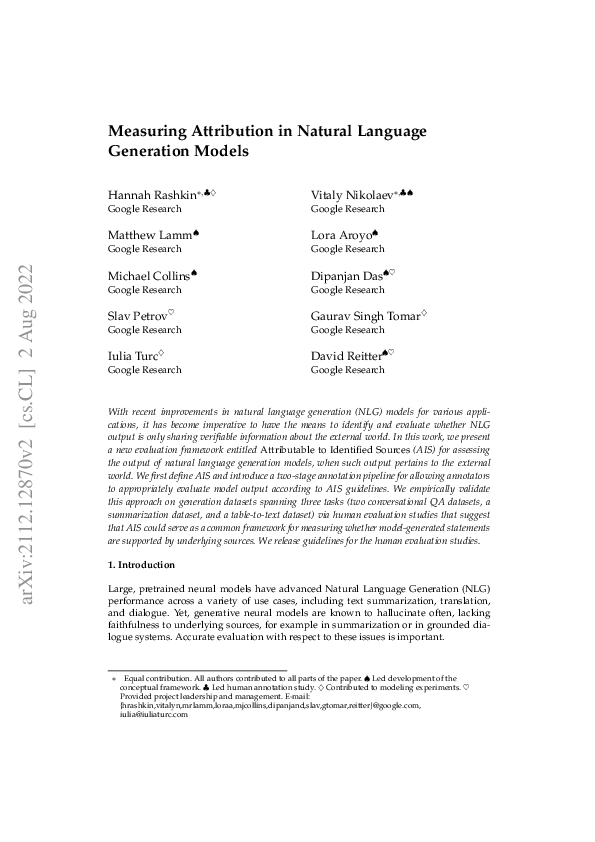 (PDF) Measuring Attribution in Natural Language Generation Models