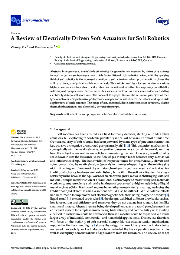 (PDF) A Review of Electrically Driven Soft Actuators for Soft Robotics