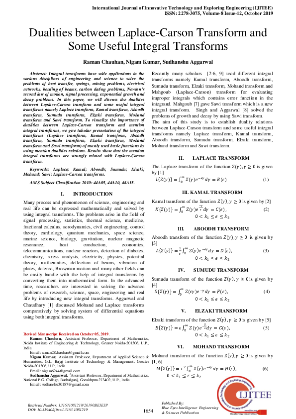(PDF) Dualities between Laplace-Carson Transform and Some Useful Integral Transforms