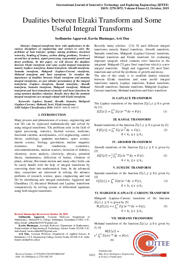 Pdf Dualities Between Elzaki Transform And Some Useful Integral
