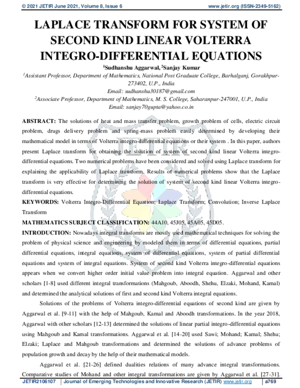 (PDF) Laplace Transform for System of Second Kind Linear Volterra ...