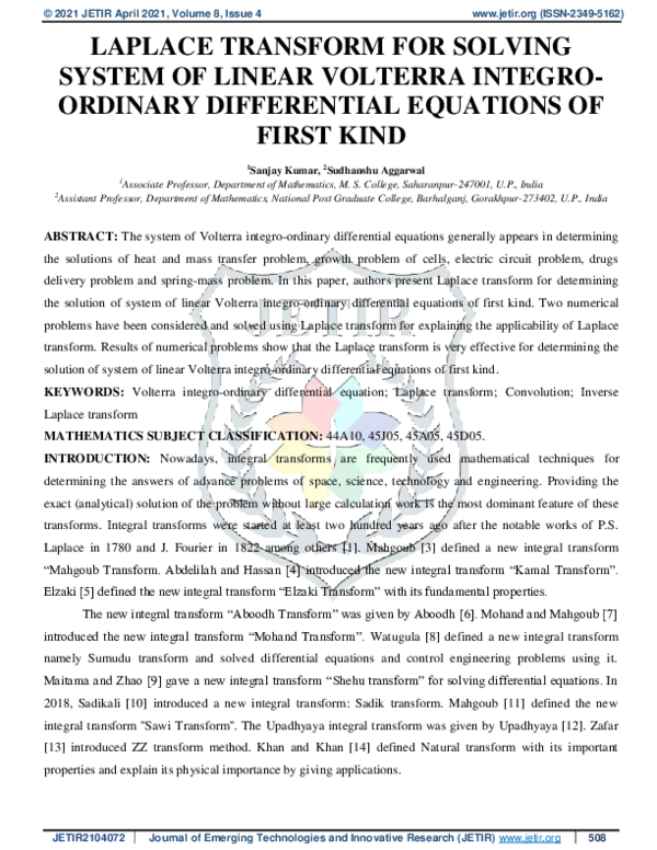 (PDF) Laplace Transform for Solving System of Linear Volterra Integro ...