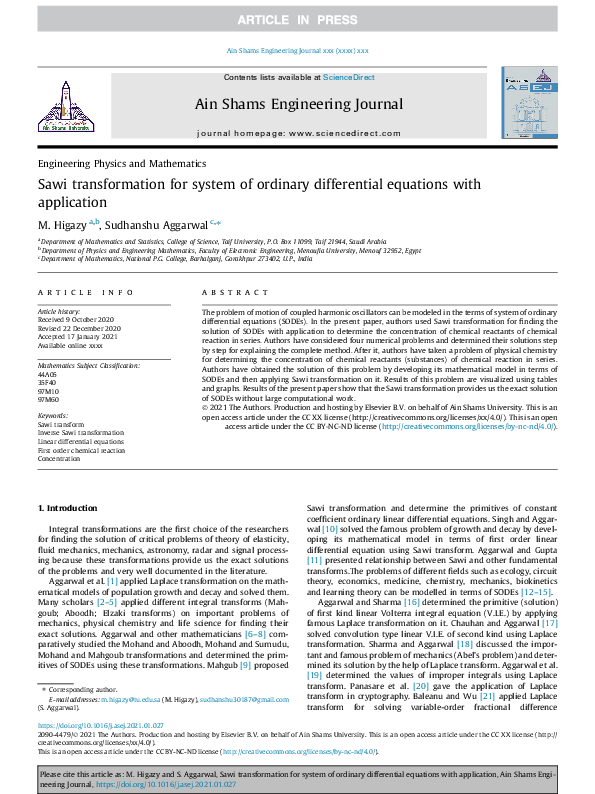 (PDF) Sawi transformation for system of ordinary differential equations with application ...