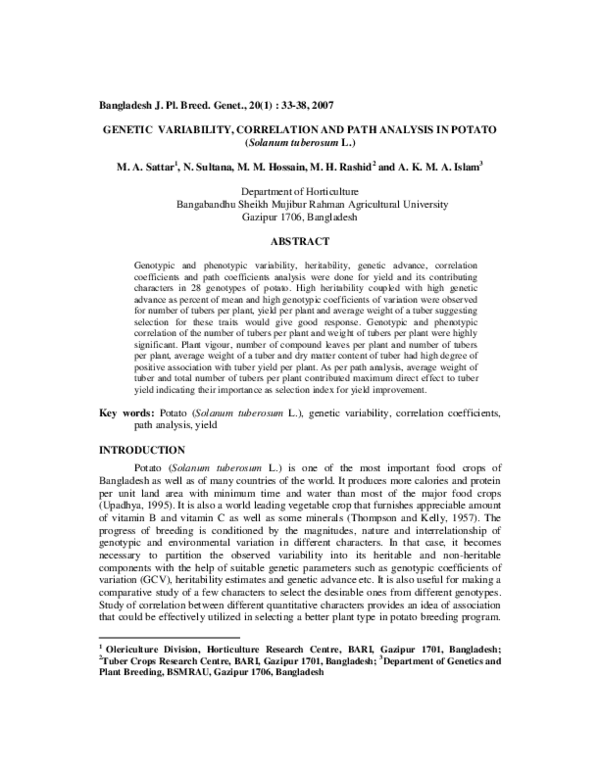 (PDF) GENETIC VARIABILITY, CORRELATION AND PATH ANALYSIS IN POTATO ...