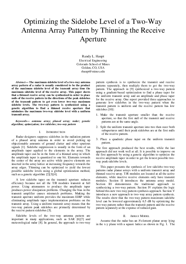 (PDF) Optimizing the Sidelobe Level of a Two-Way Antenna Array Pattern by Thinning the Receive ...