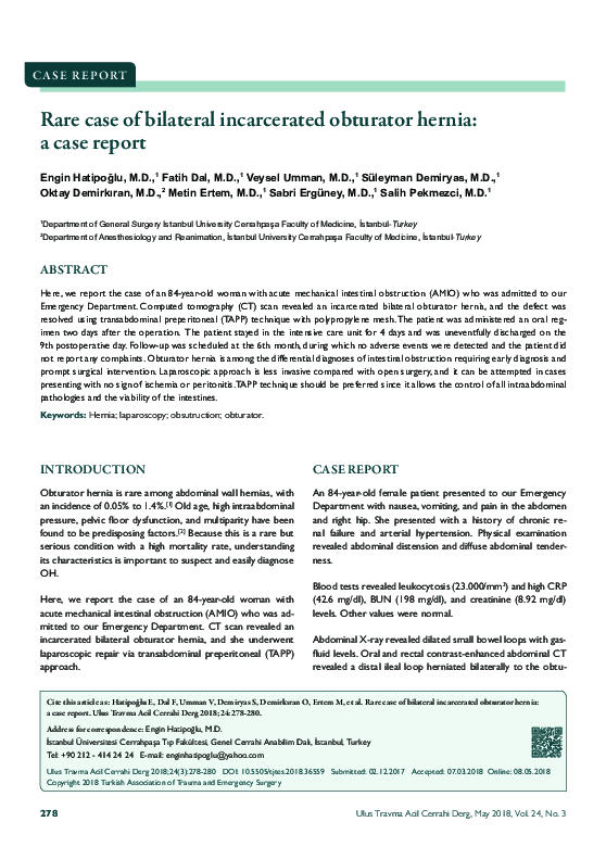 Pdf Rare Case Of Bilateral Incarcerated Obturator Hernia A Case