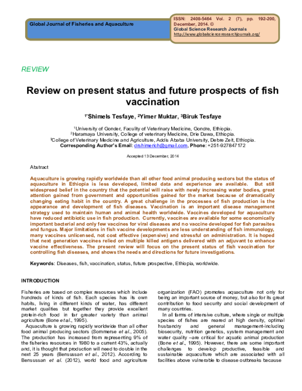 (PDF) Review on present status and future prospects of fish vaccination