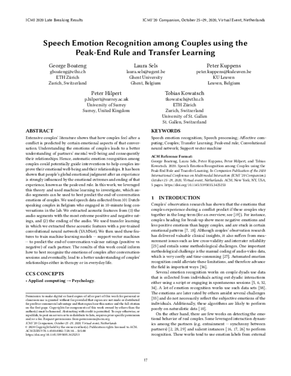 (PDF) Speech Emotion Recognition among Couples using the Peak-End Rule and Transfer Learning
