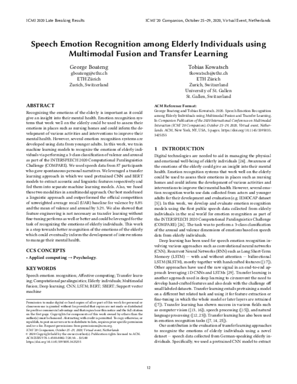 (PDF) Speech Emotion Recognition among Elderly Individuals using Multimodal Fusion and Transfer ...