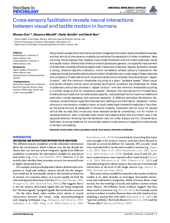 (PDF) Cross-Sensory Facilitation Reveals Neural Interactions between Visual and Tactile Motion ...