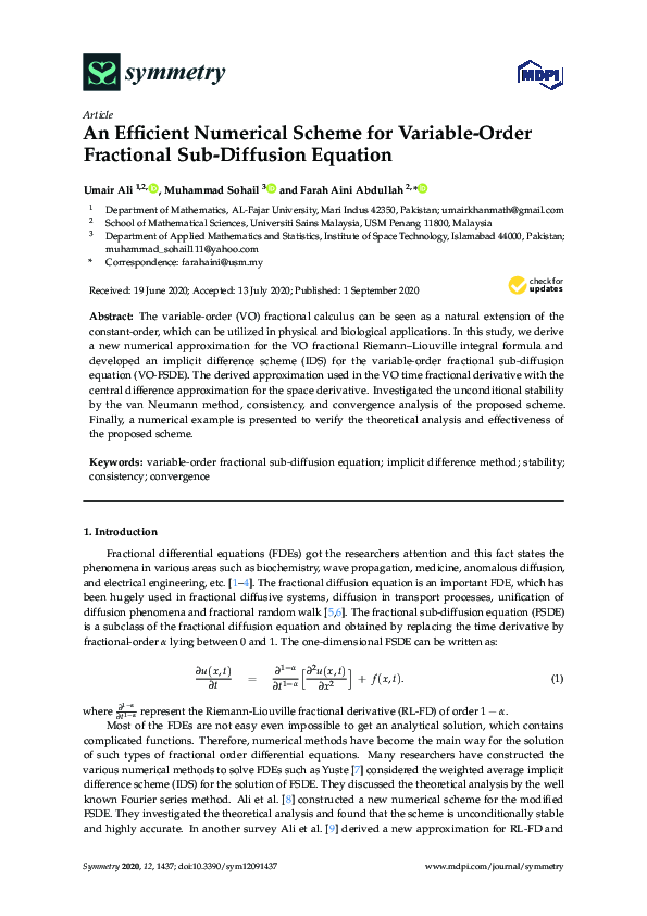 Pdf An Efficient Numerical Scheme For Variable Order Fractional Sub