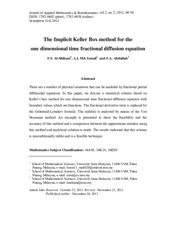 (PDF) The Implicit Keller Box method for the one dimensional time fractional diffusion equation