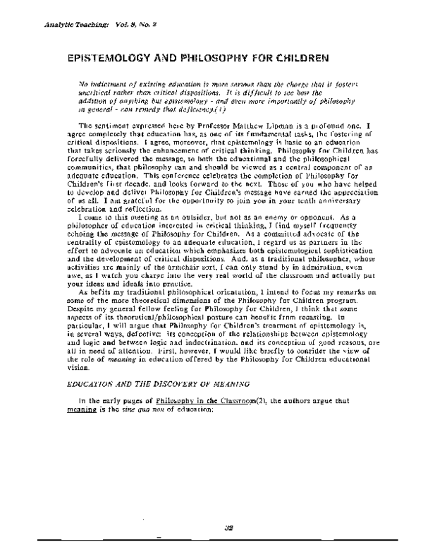 (PDF) Epistemology and Philosophy for Children