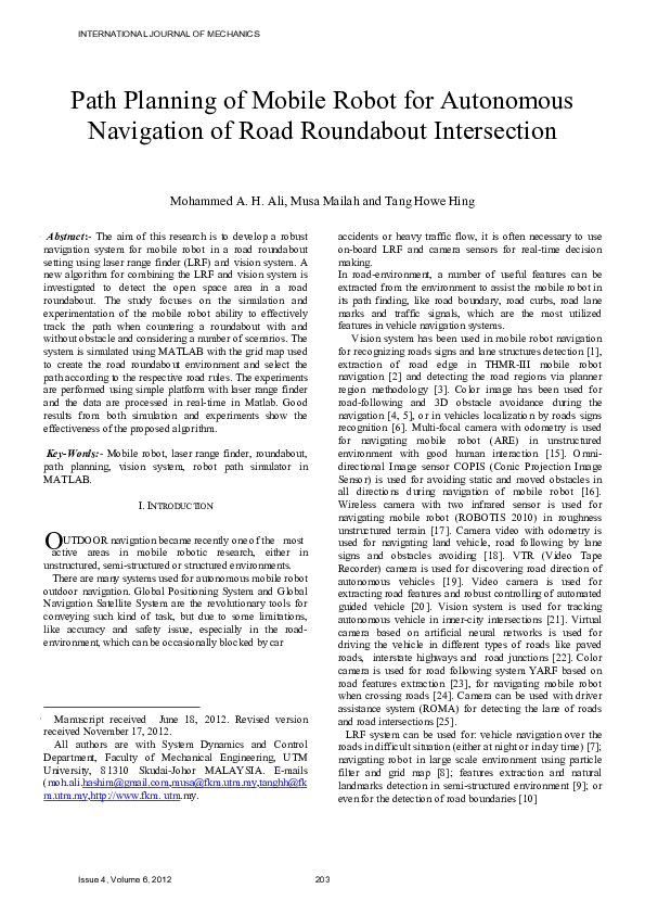 (PDF) Path Planning of Mobile Robot for Autonomous Navigation of Road Roundabout Intersection
