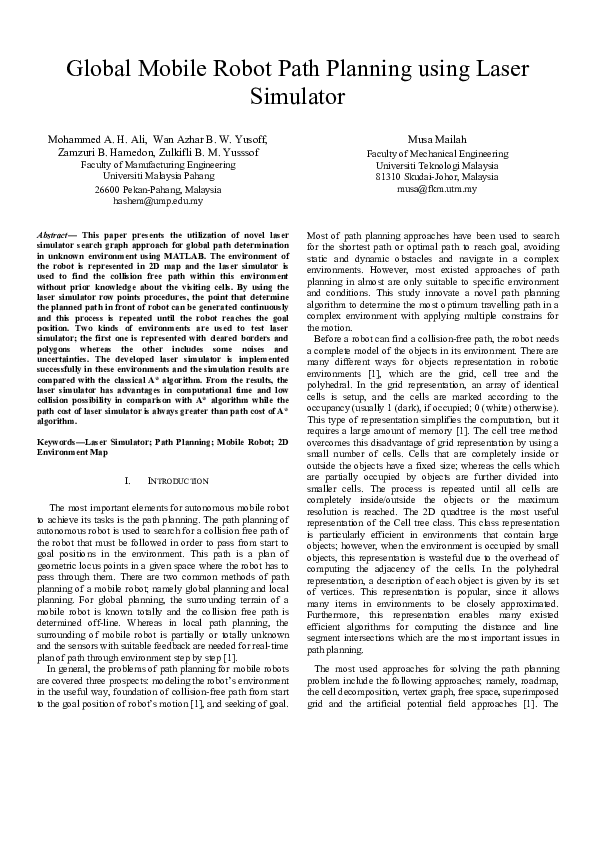 (PDF) Global mobile robot path planning using laser simulator | Mohammed A. H. Ali - Academia.edu