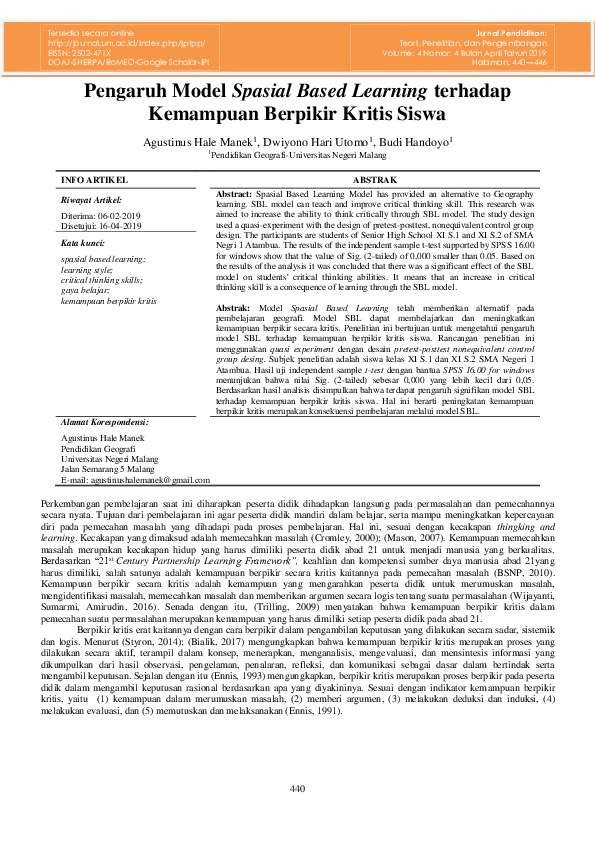 (PDF) Pengaruh Model Spasial Based Learning terhadap Kemampuan Berpikir Kritis Siswa | Agustinus ...