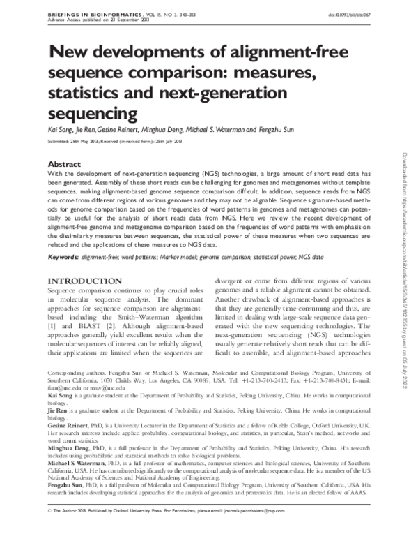 (PDF) New developments of alignment-free sequence comparison: measures, statistics and next ...