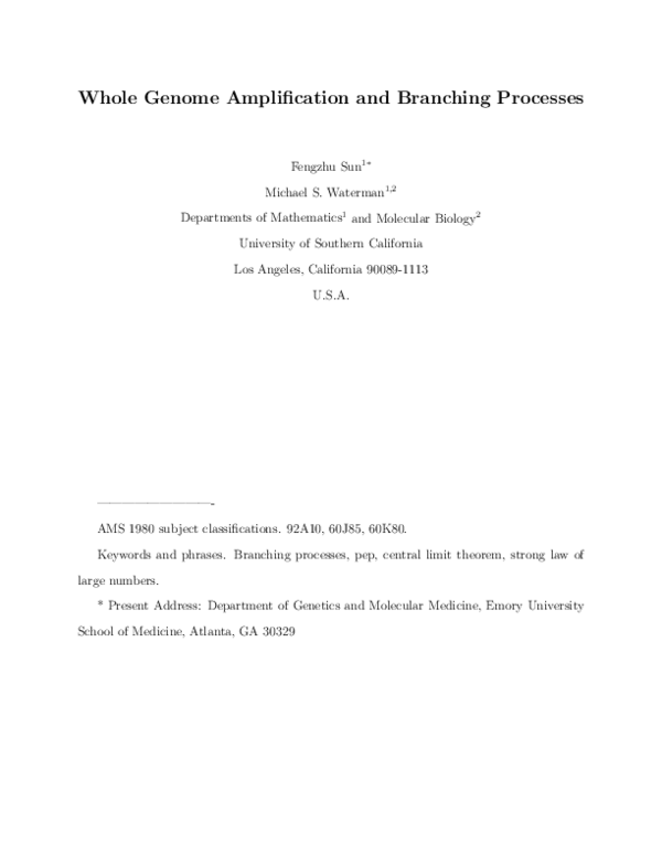 (PDF) Whole Genome Amplification and Branching Processes | Michael Waterman - Academia.edu