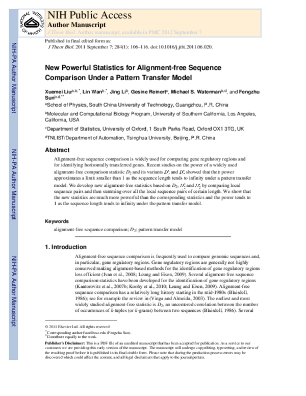 (PDF) New powerful statistics for alignment-free sequence comparison under a pattern transfer model