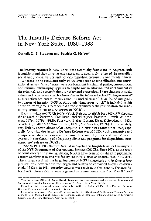 (PDF) The Insanity Defense Reform Act in New York State, 1980–1983