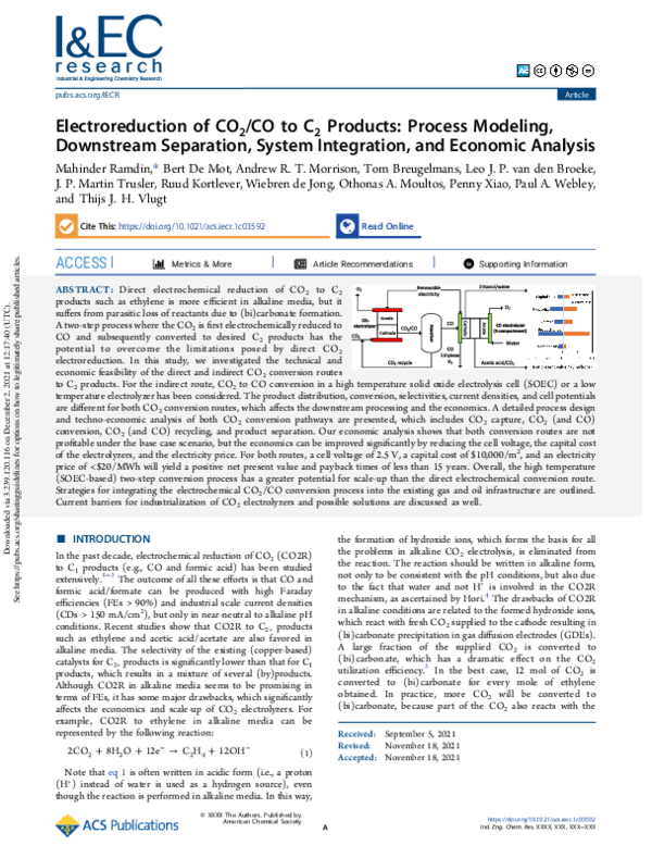 (PDF) Electroreduction of CO2/CO to C2 Products: Process Modeling, Downstream Separation, System ...