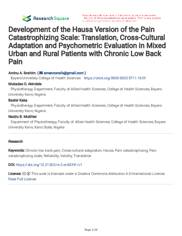 (PDF) Development of the Hausa version of the Pain Catastrophizing ...