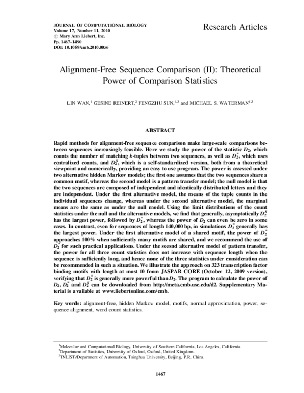 (PDF) Alignment-Free Sequence Comparison (II): Theoretical Power of Comparison Statistics ...