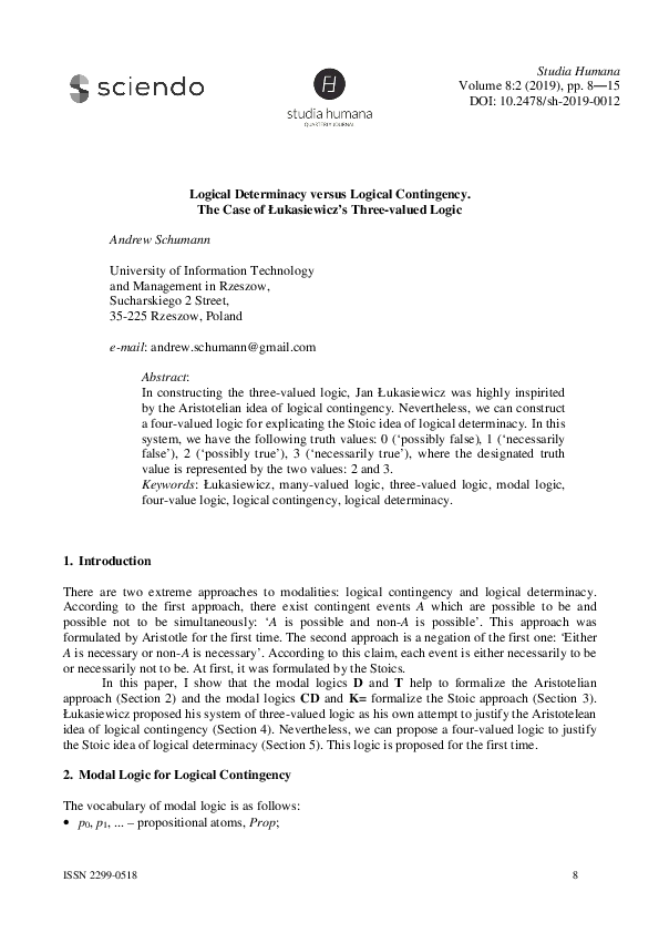 (PDF) Logical Determinacy versus Logical Contingency. The Case of Łukasiewicz’s Three-valued ...