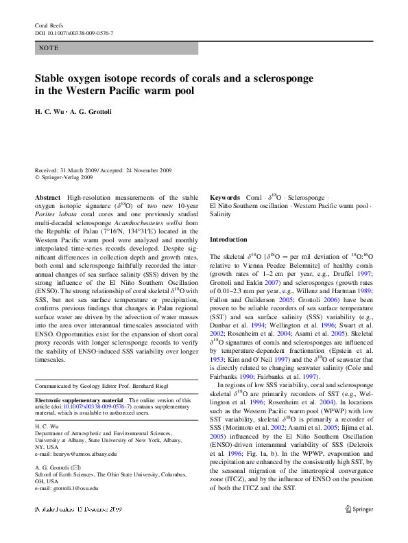 (PDF) Stable oxygen isotope records of corals and a sclerosponge in the ...
