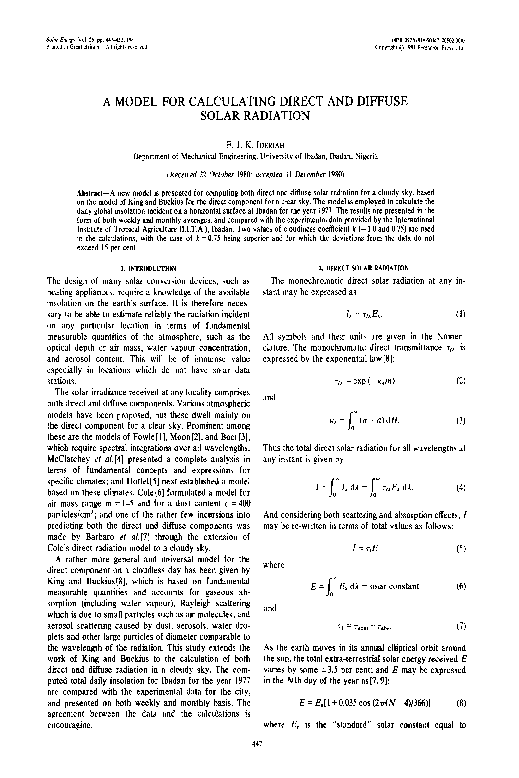 (PDF) A model for calculating direct and diffuse solar radiation