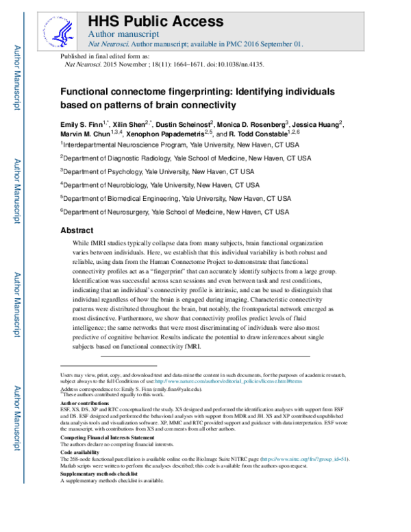 (PDF) Functional connectome fingerprinting: identifying individuals ...