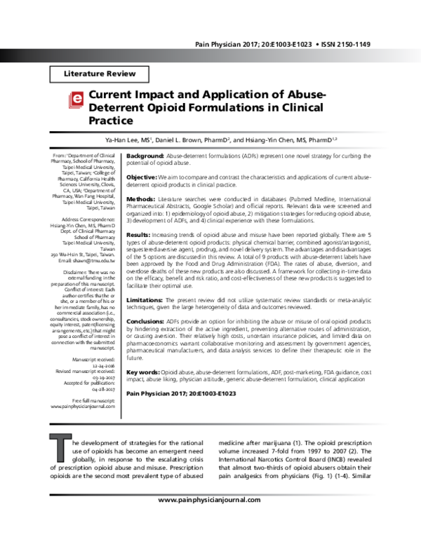 (PDF) Current Impact and Application of AbuseDeterrent Opioid ...