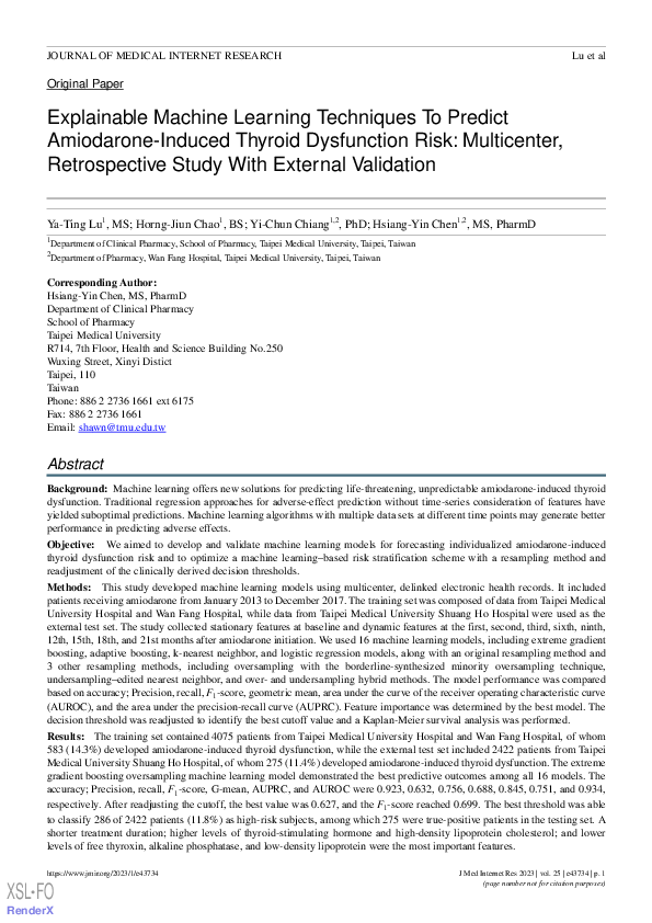 (PDF) Explainable Machine Learning Techniques To Predict Amiodarone-Induced Thyroid Dysfunction ...