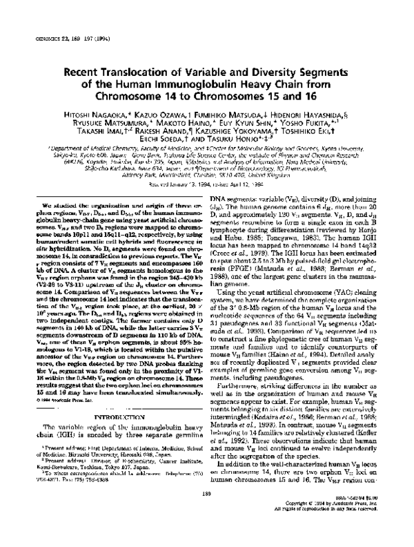 (PDF) Recent Translocation of Variable and Diversity Segments of the ...
