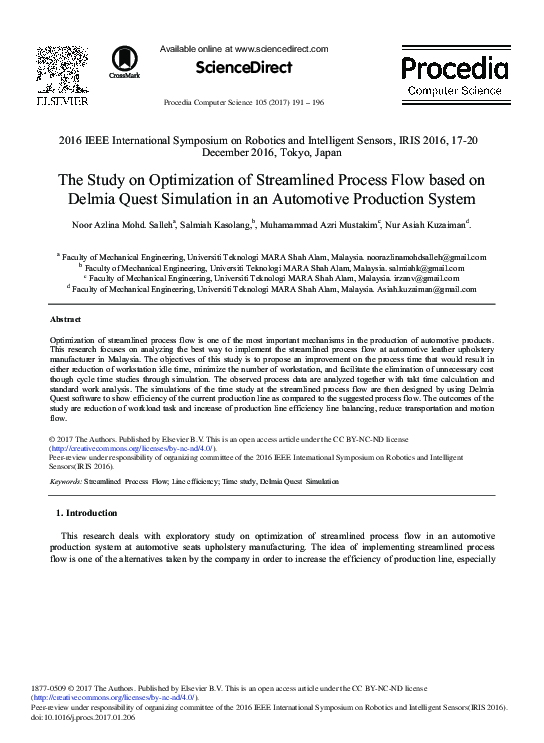 (PDF) The Study on Optimization of Streamlined Process Flow Based on Delmia Quest Simulation in ...