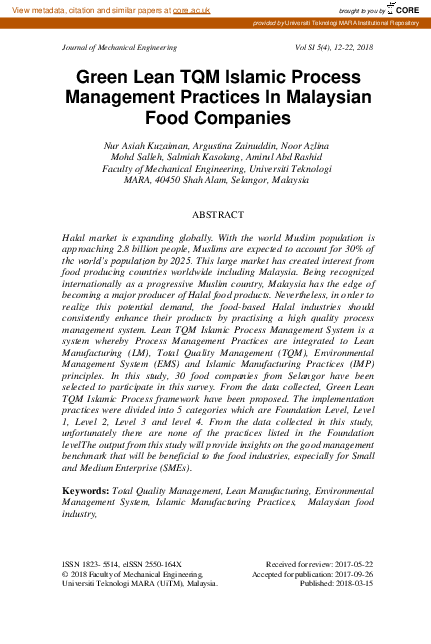 (PDF) Green lean TQM Islamic Process Management Practices in Malaysian food companies