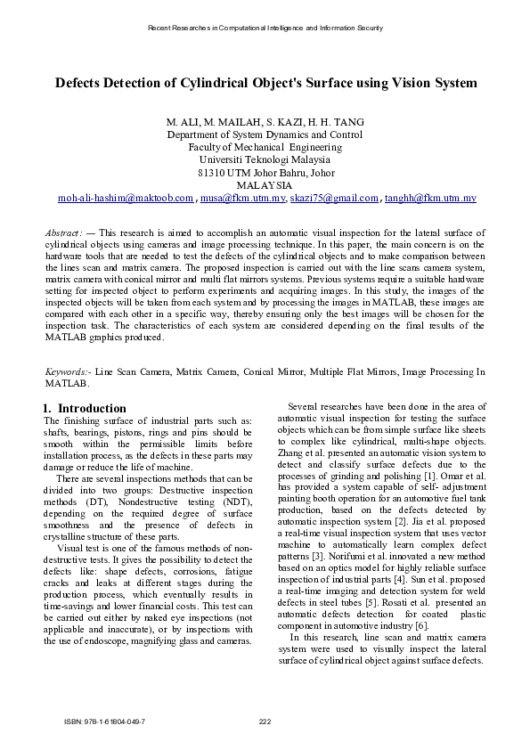 (PDF) Defects Detection of Cylindrical Object's Surface Using Vision System