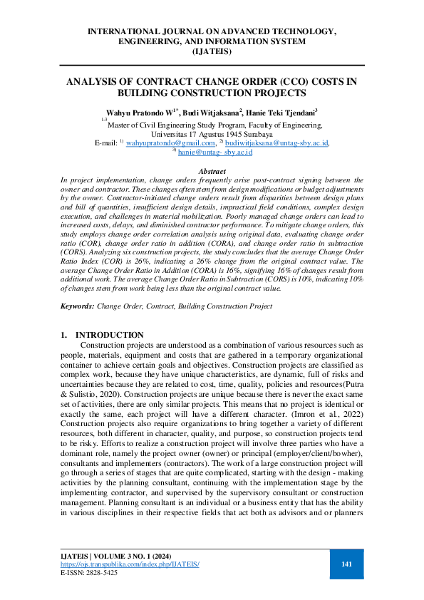 (PDF) Analysis of Contract Change Order (Cco) Costs in Building ...