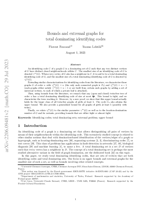 (PDF) Bounds and extremal graphs for total dominating identifying codes