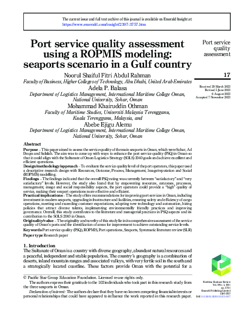 (PDF) Port service quality assessment using a ROPMIS modeling: seaports ...