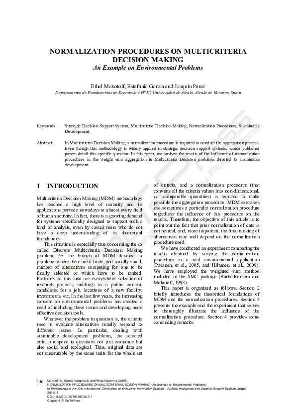 (PDF) NORMALIZATION PROCEDURES ON MULTICRITERIA DECISION MAKING - An Example on Environmental ...